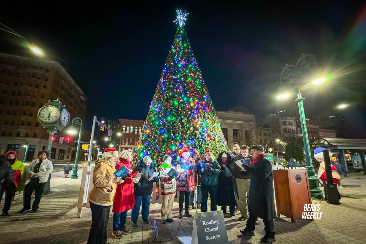 Christmas Tree lighting illuminates cold evening in downtown Reading